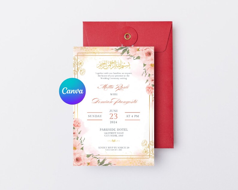 Editable Islamic Wedding Invitation Template Pink Rose Floral Muslim ...