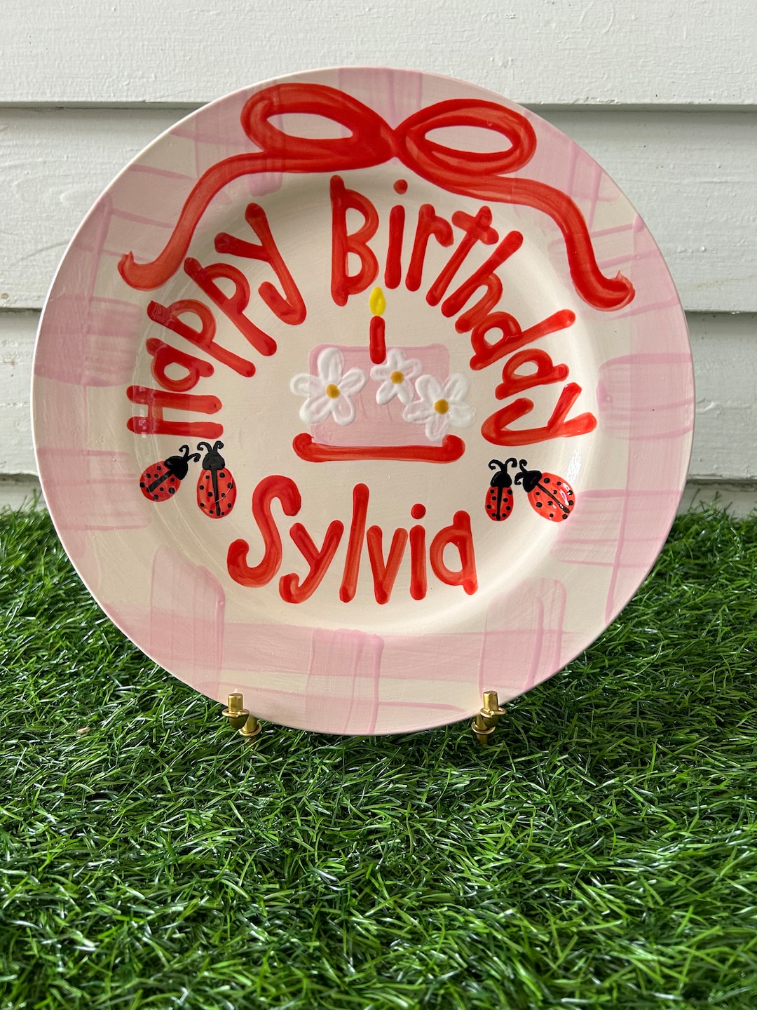 Personalized Ladybug Birthday Plate: Hand-painted Ceramic, Pink Gingham ...