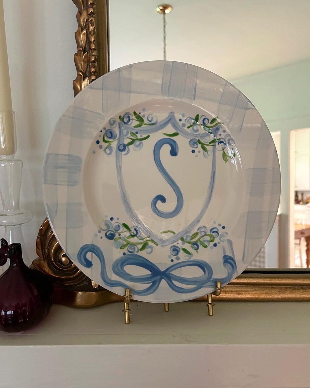 Hand-painted Monogram Ceramic Wedding Plate, Blue Gingham Initial and ...