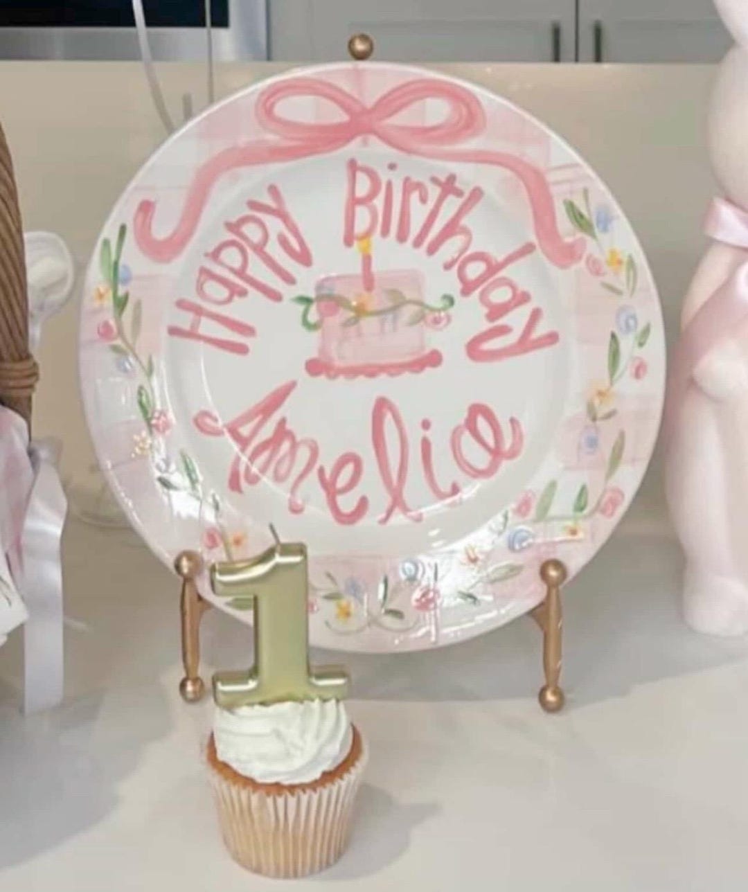 Personalized First Birthday Plate: Hand-painted Pink Gingham Floral and ...