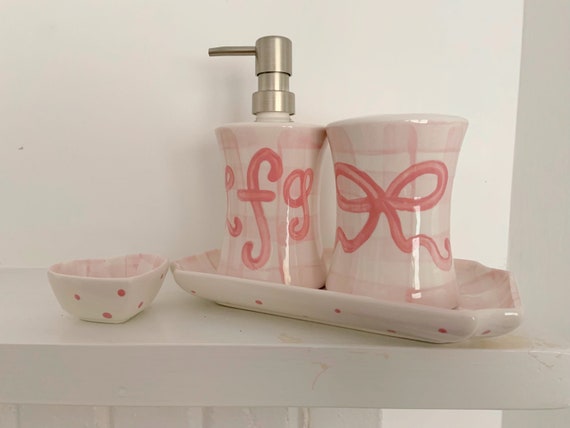 monogram preppy bathroom set / gingham ribbon // soap dispenser ...