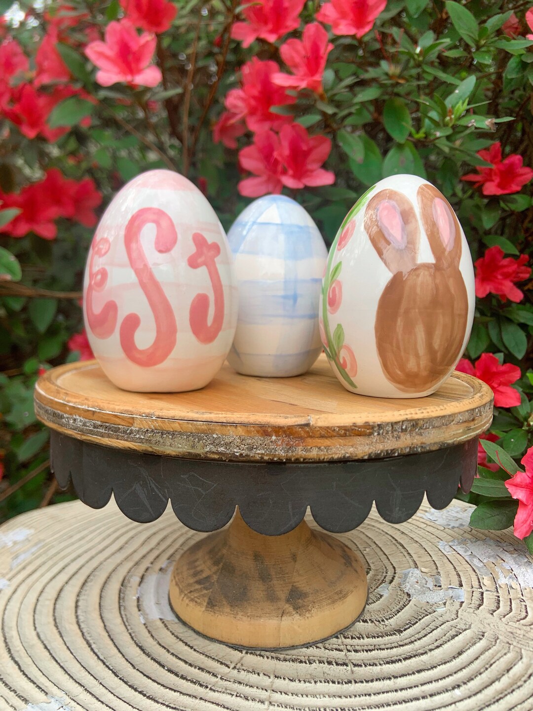 Personalized Ceramic Easter Eggs Preppy Gingham Blue Pink and White - Etsy