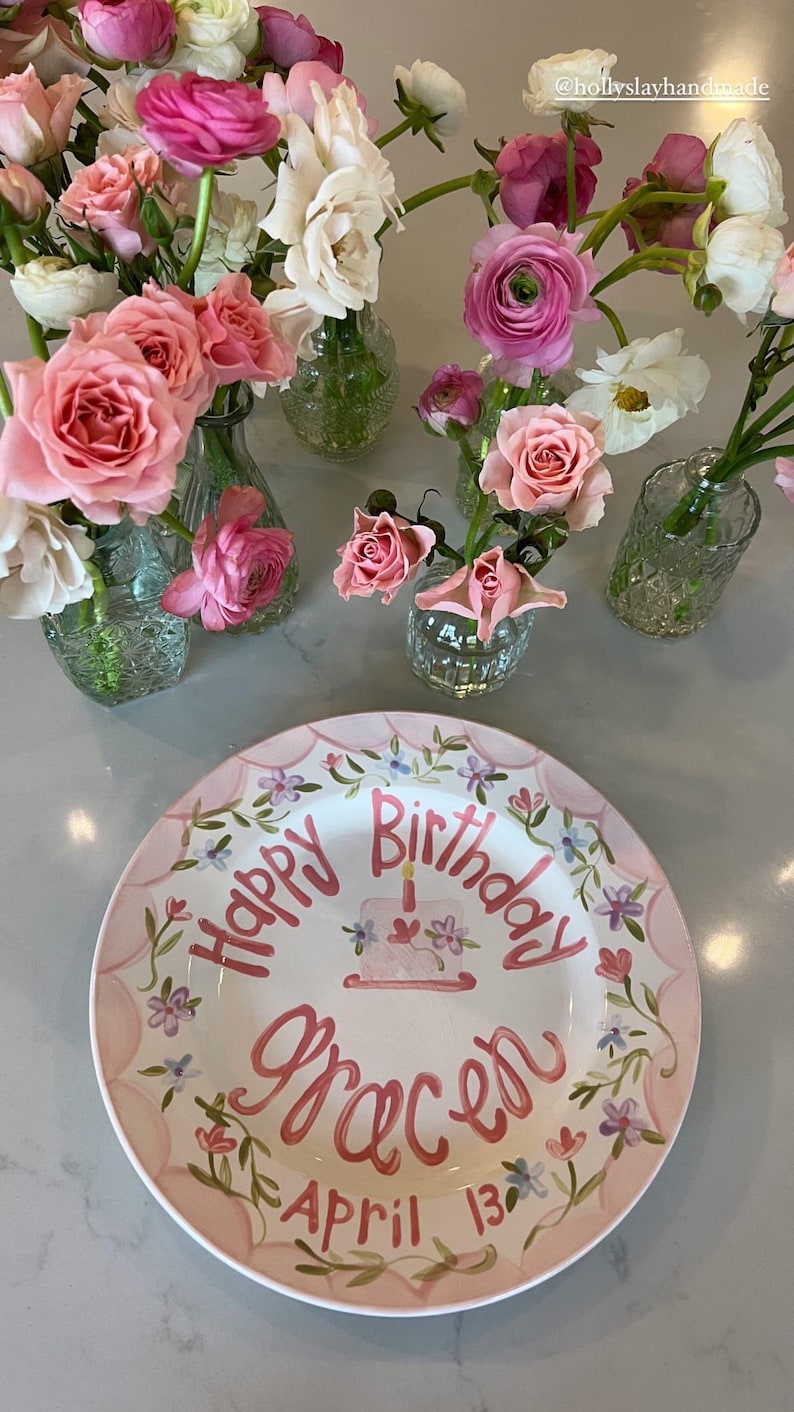 Personalized Birthday Plate: Hand-painted Pink Border Wildflowers ...