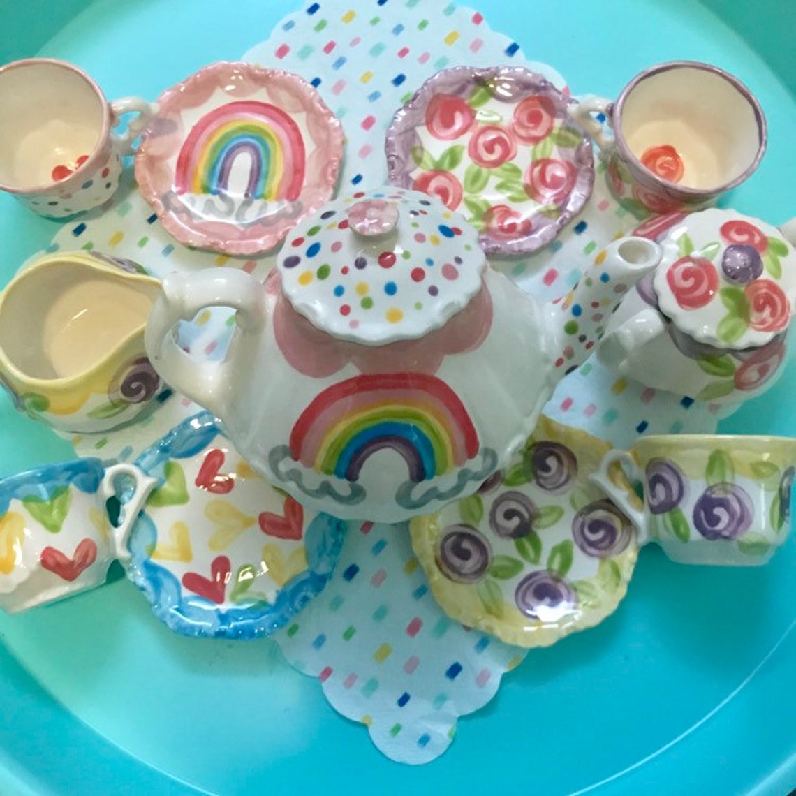 Rainbow tea party mix-n-match girls Personalized Tea Set // | Etsy