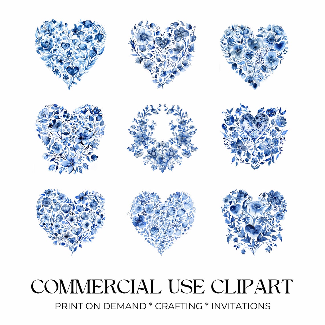 Clipart, Blue Floral Hearts, Clipart for Commercial Use, Transparent ...