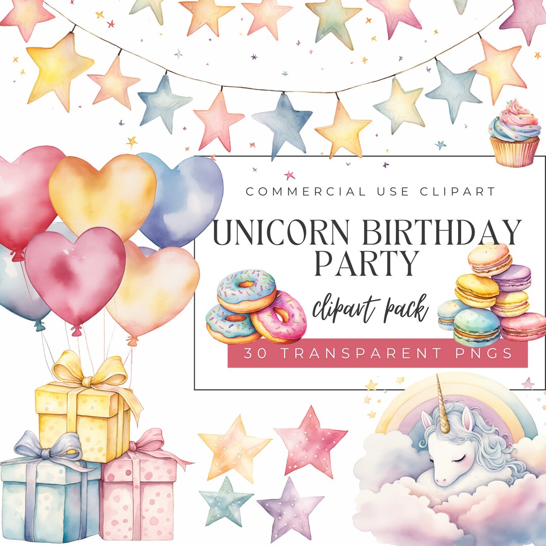 Unicorn Birthday Party Clipart Pack, Watercolour, Invitations, Party ...