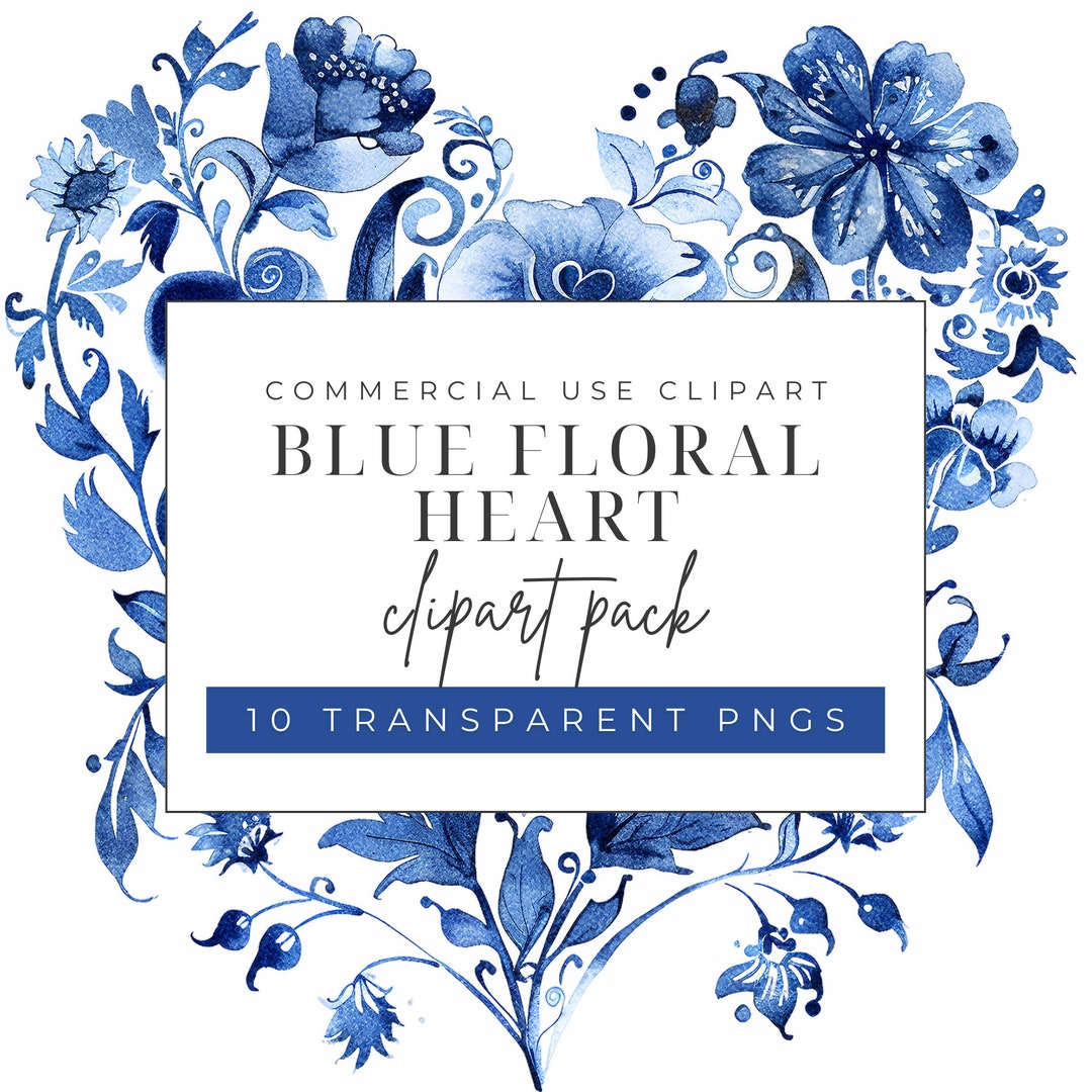 Clipart, Blue Floral Hearts, Clipart for Commercial Use, Transparent ...