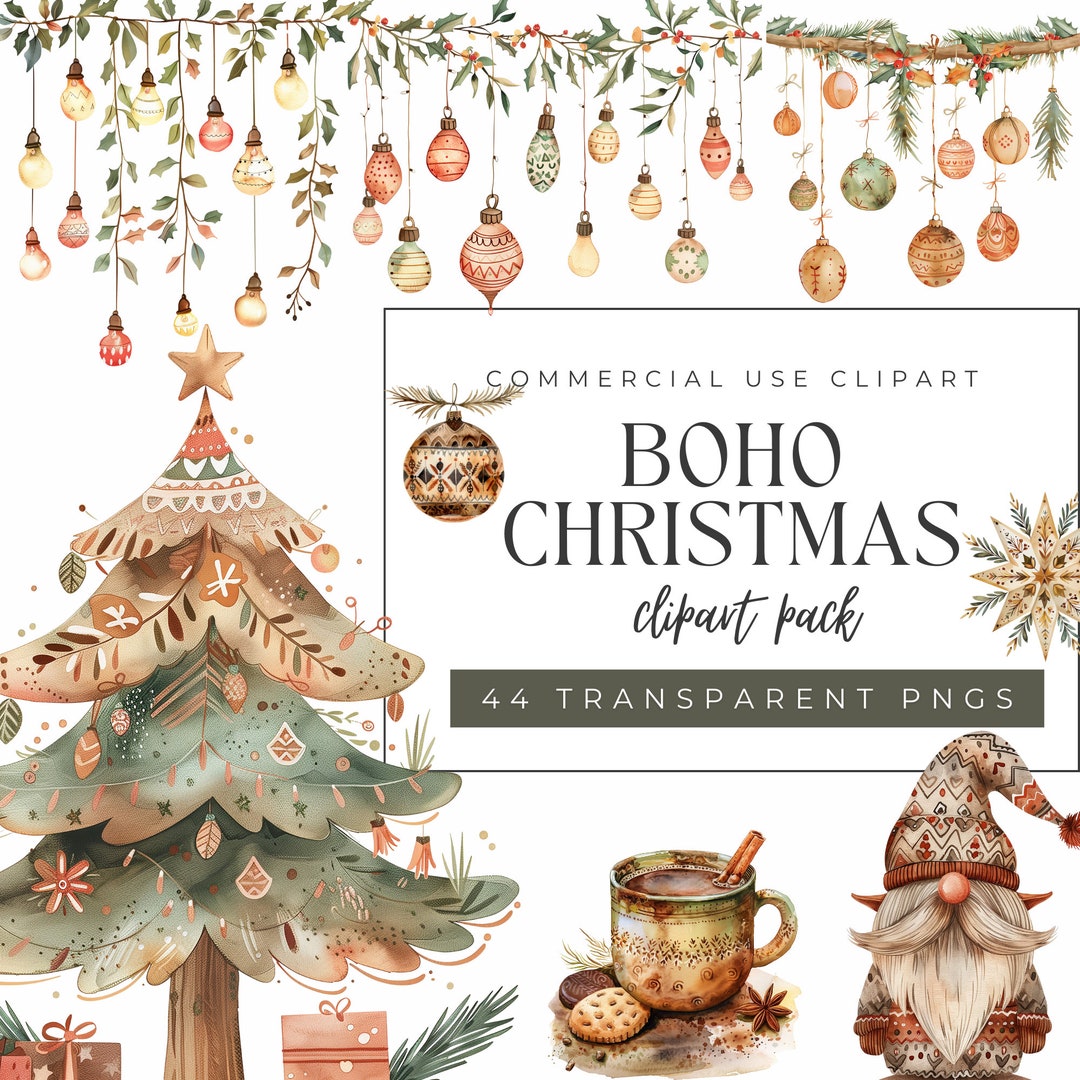 Boho Christmas Clipart Pack, Watercolour, Junk Journal Art, Invitations ...