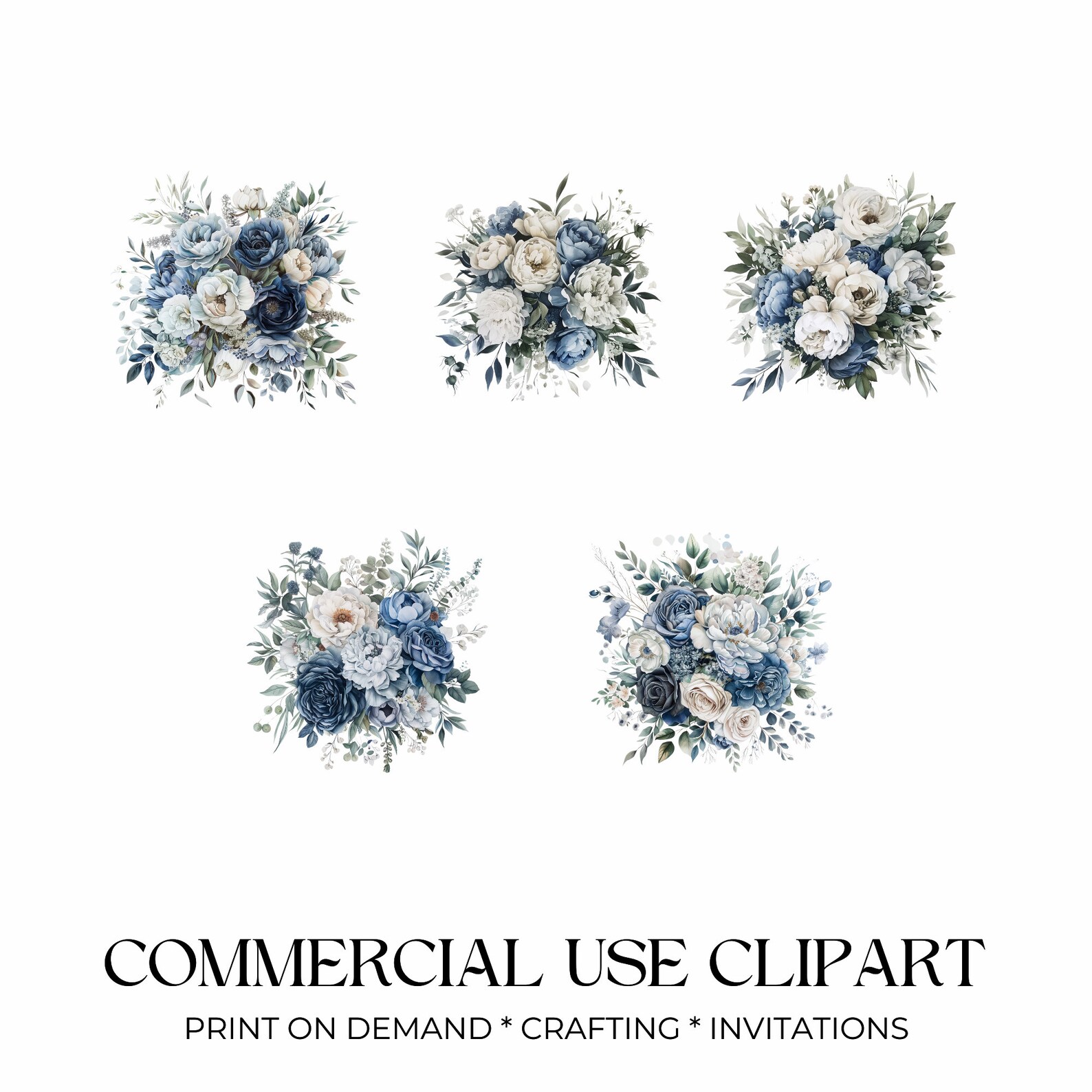 Blue Florals Clipart Pack, Watercolour, Wedding Flowers, Invitations ...