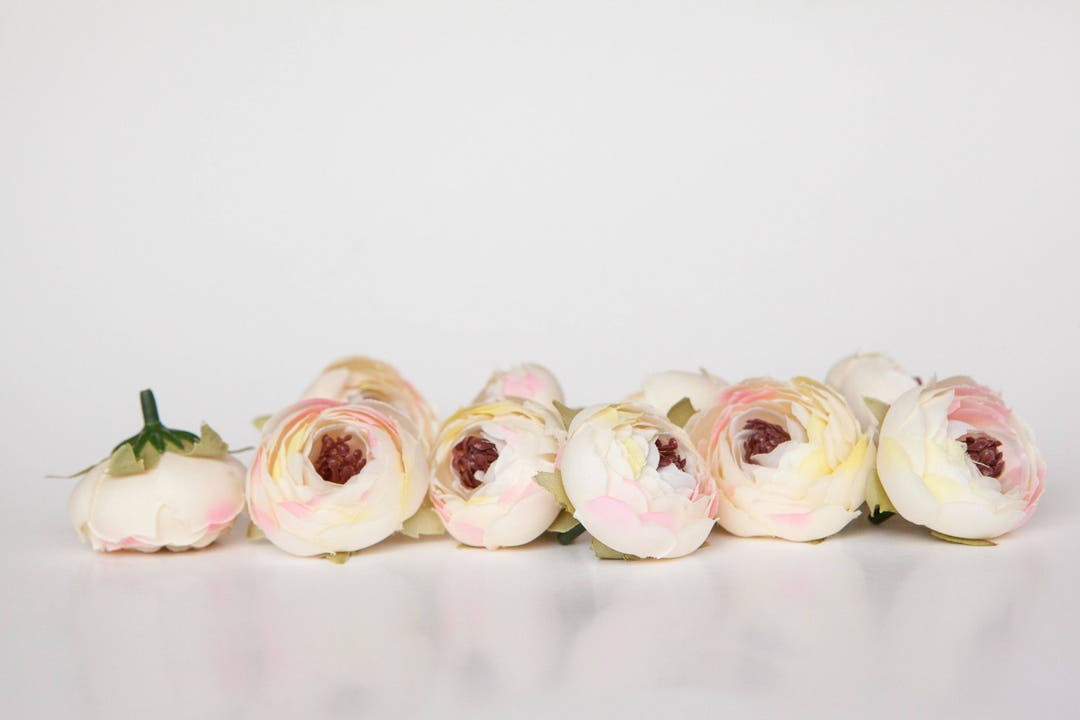 10 Small Ranunculus in Ivory and Pink Silk Artificial Flower ITEM 01182 ...