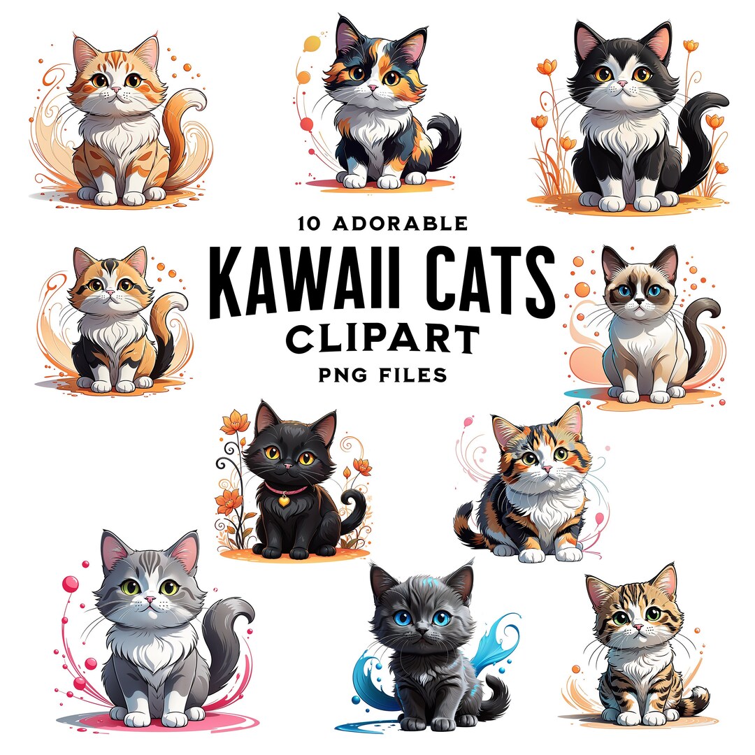 10 Kawaii Cats Clipart - PNG Files - 10 Cute Cats in Different Fur ...