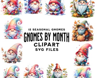 Gnomes Clipart Bundle - PNG Files - 12 Seasonal Gnomes for Every Month ...