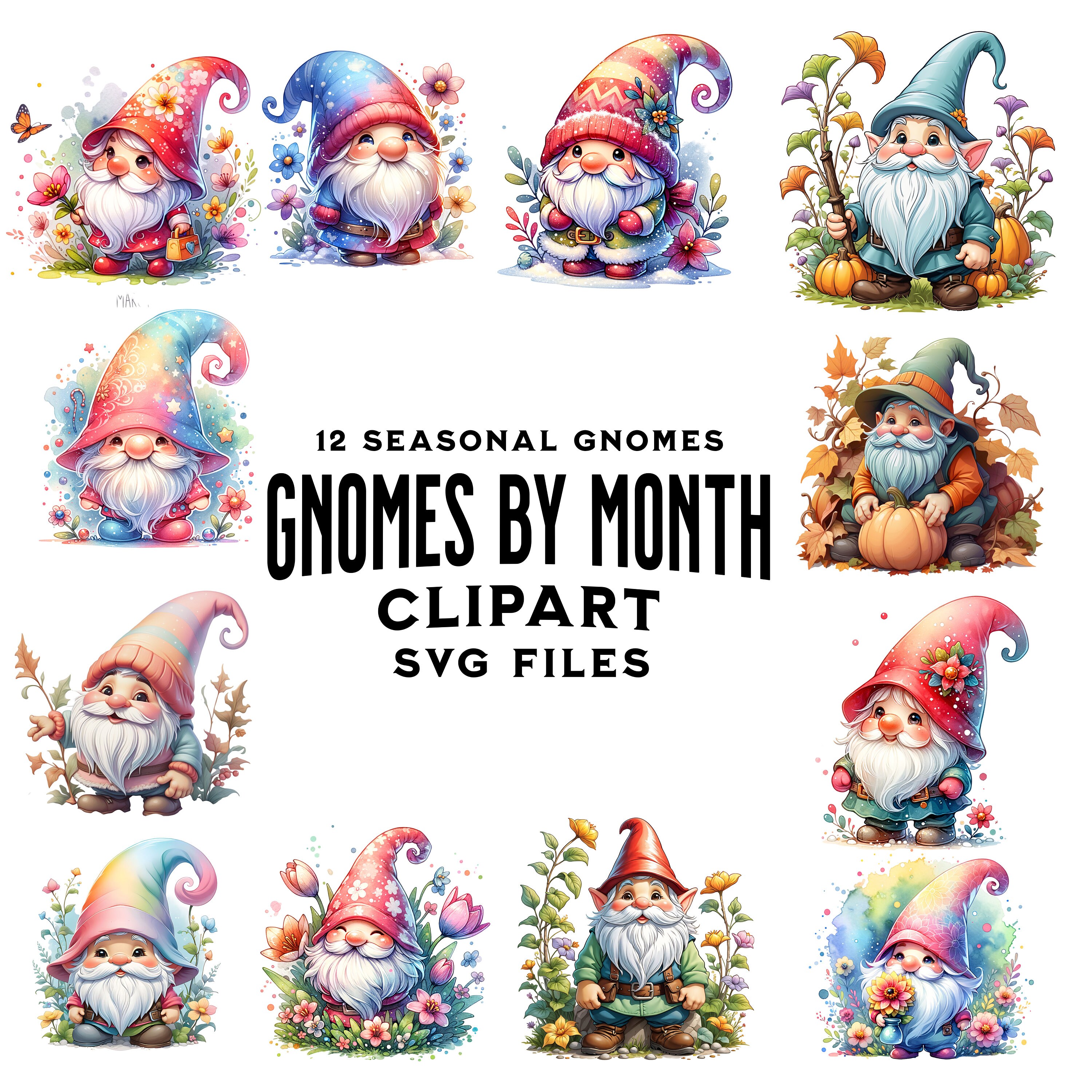 Gnomes by Month Clipart - SVG Files - 12 Seasonal Gnomes for Each Month ...