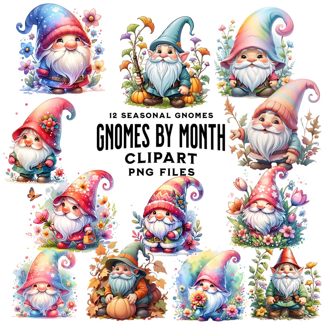 Gnomes Clipart Bundle - PNG Files - 12 Seasonal Gnomes for Every Month ...