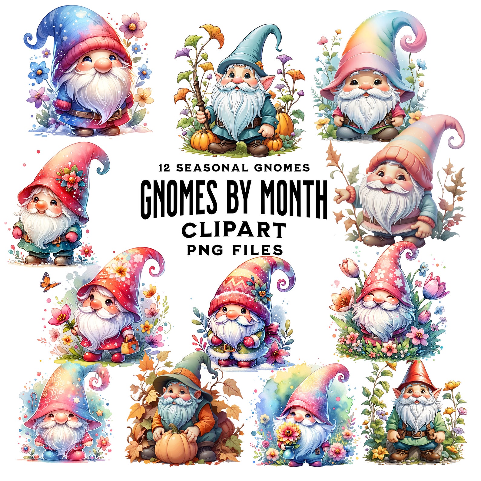 Gnomes Clipart Bundle - PNG Files - 12 Seasonal Gnomes for Every Month ...