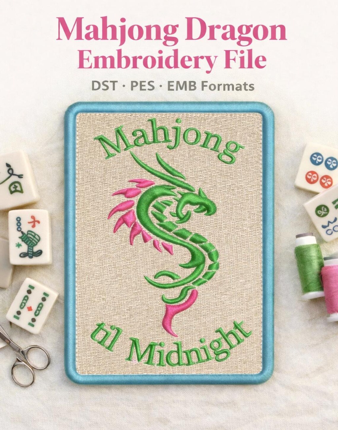Mahjong Tile Embroidery Design, Green Dragon Patch Pattern, Mahjong ...