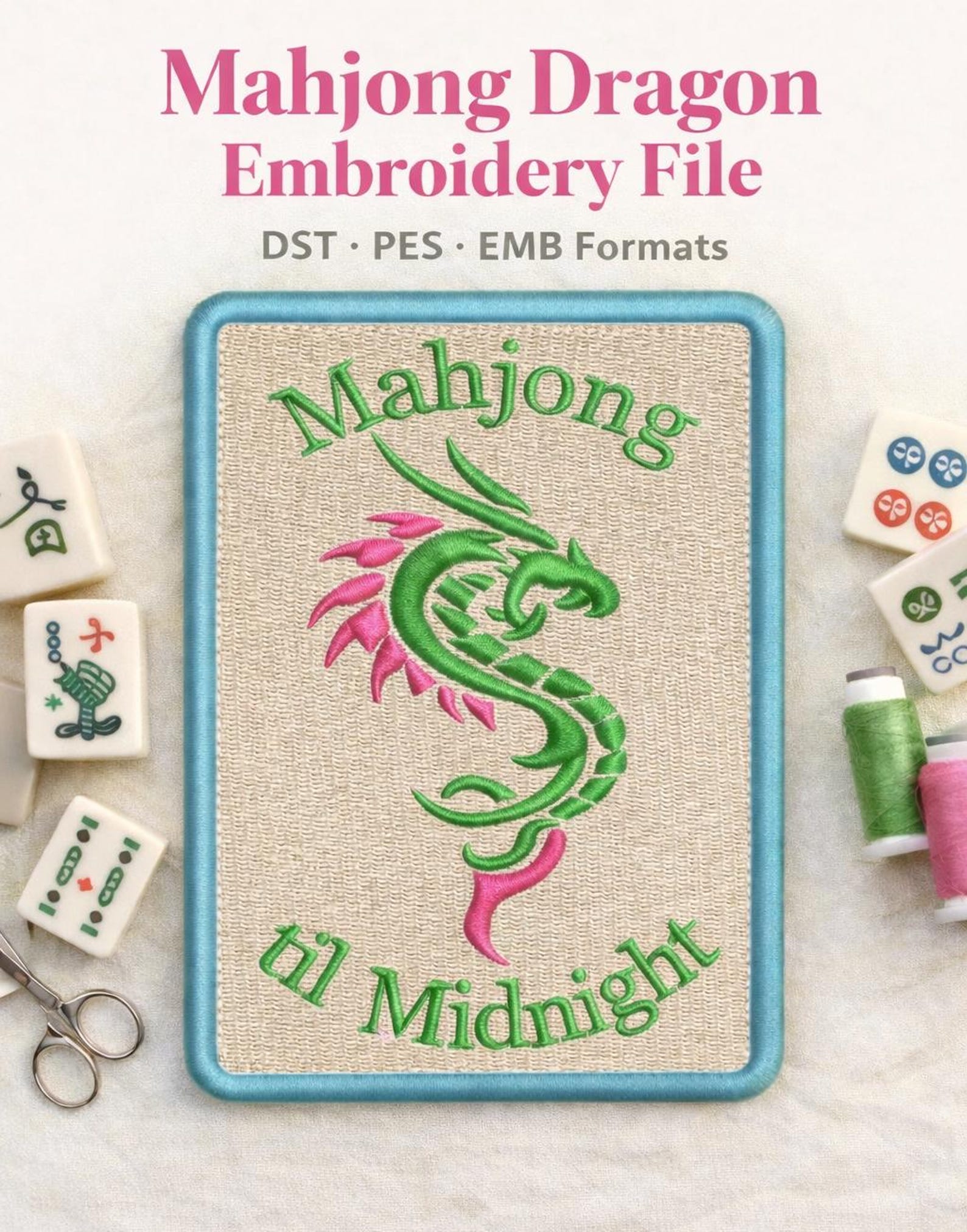 Mahjong Tile Embroidery Design, Green Dragon Patch Pattern, Mahjong ...