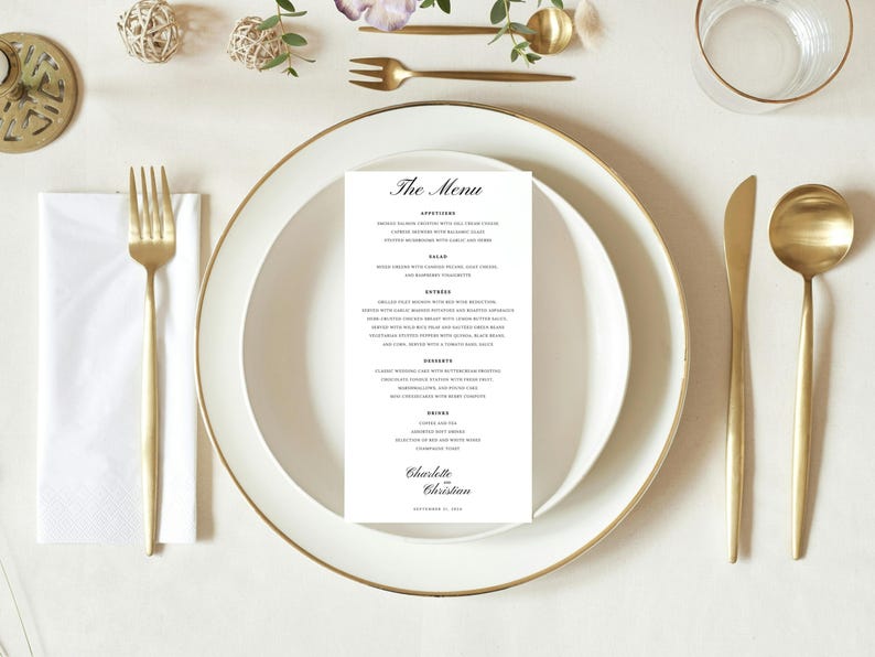 Wedding Menu Cards Place Settings Bundle Digital Template Minimalist ...