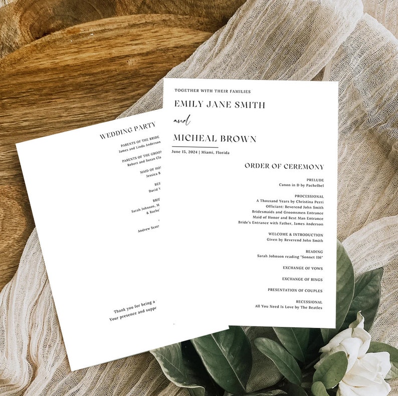 Double Sided Wedding Program Template, Wedding Itinerary Schedule Day ...