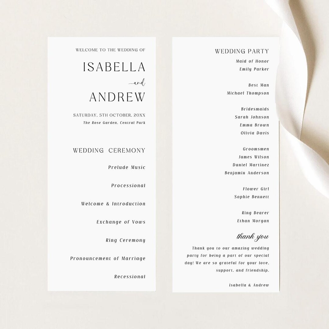 Minimal Double Sided Wedding Program Template, Foldable Wedding Program ...