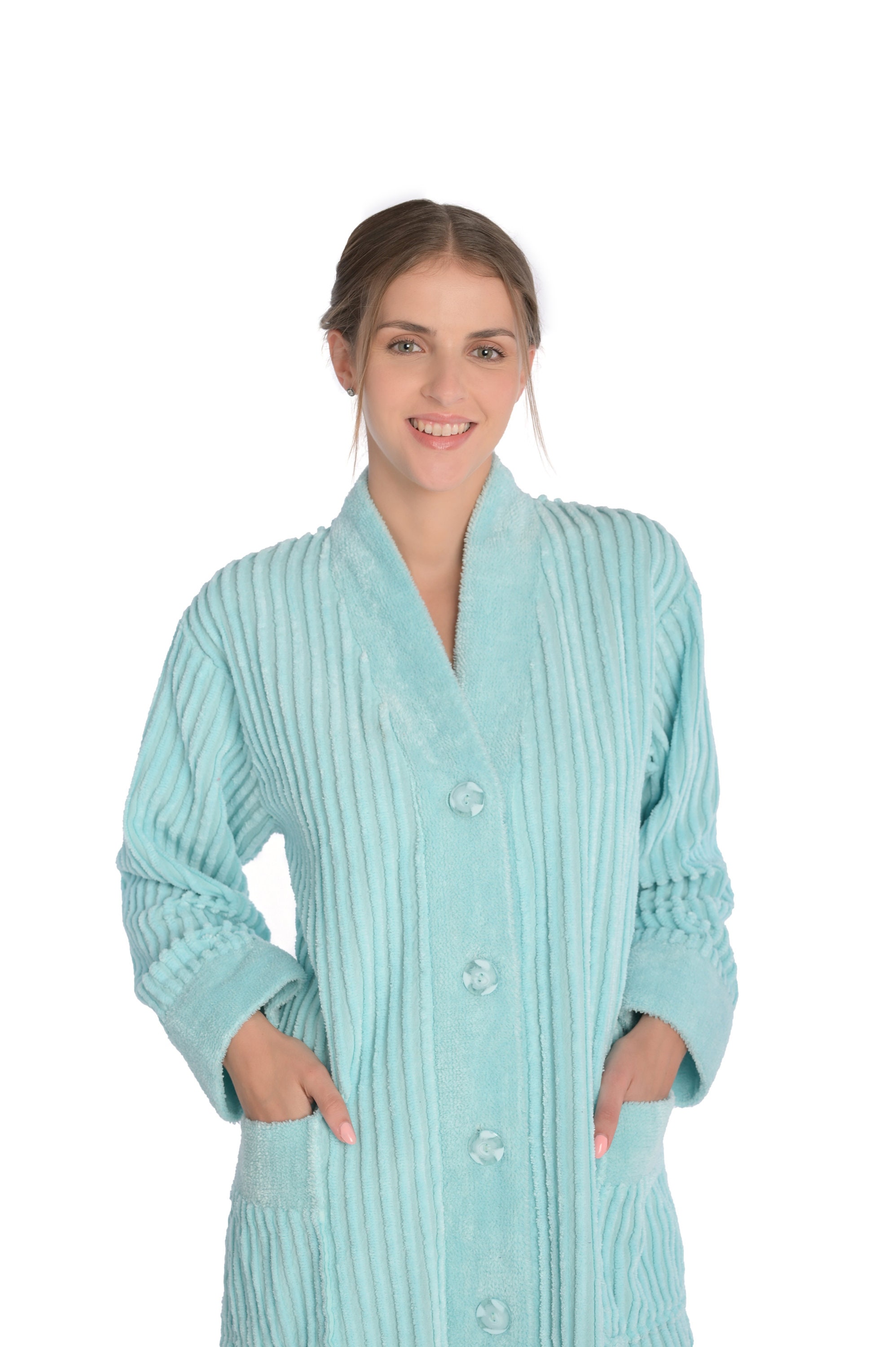 Womens Chenille Button Front Robe Bathrobe Button Gown Ladies Full ...