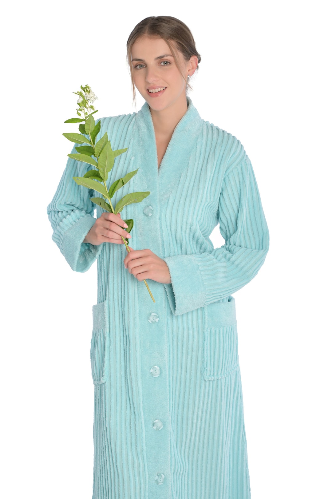 Womens Chenille Button Front Robe Bathrobe Button Gown Ladies Full ...