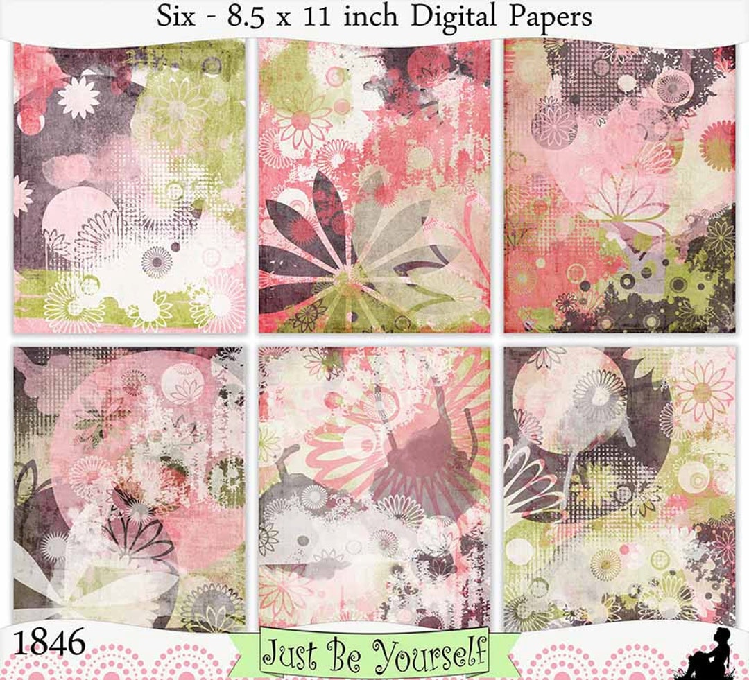 Distressed Pink and Green Painted Flowers Pintable Digital Papers ...