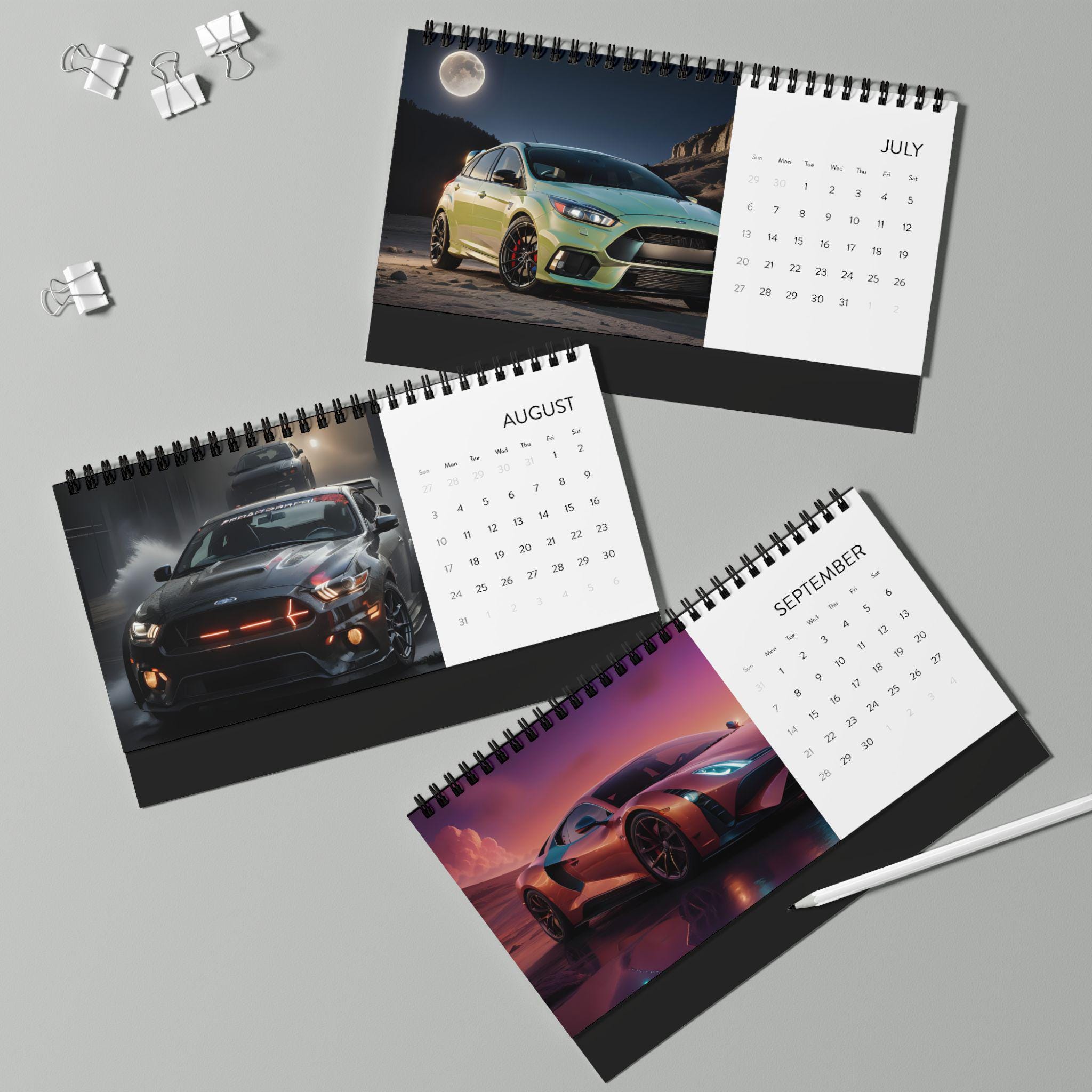 Desk Calendar, Car Calendar 2025 Grid, Desk Planner, Vehicle Art ...