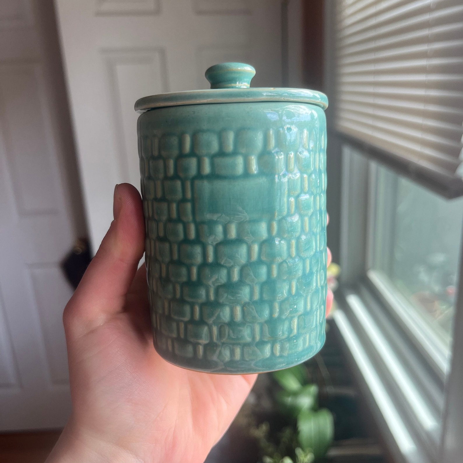 Vintage Ceramic Jar Blue Basket Weave - Etsy