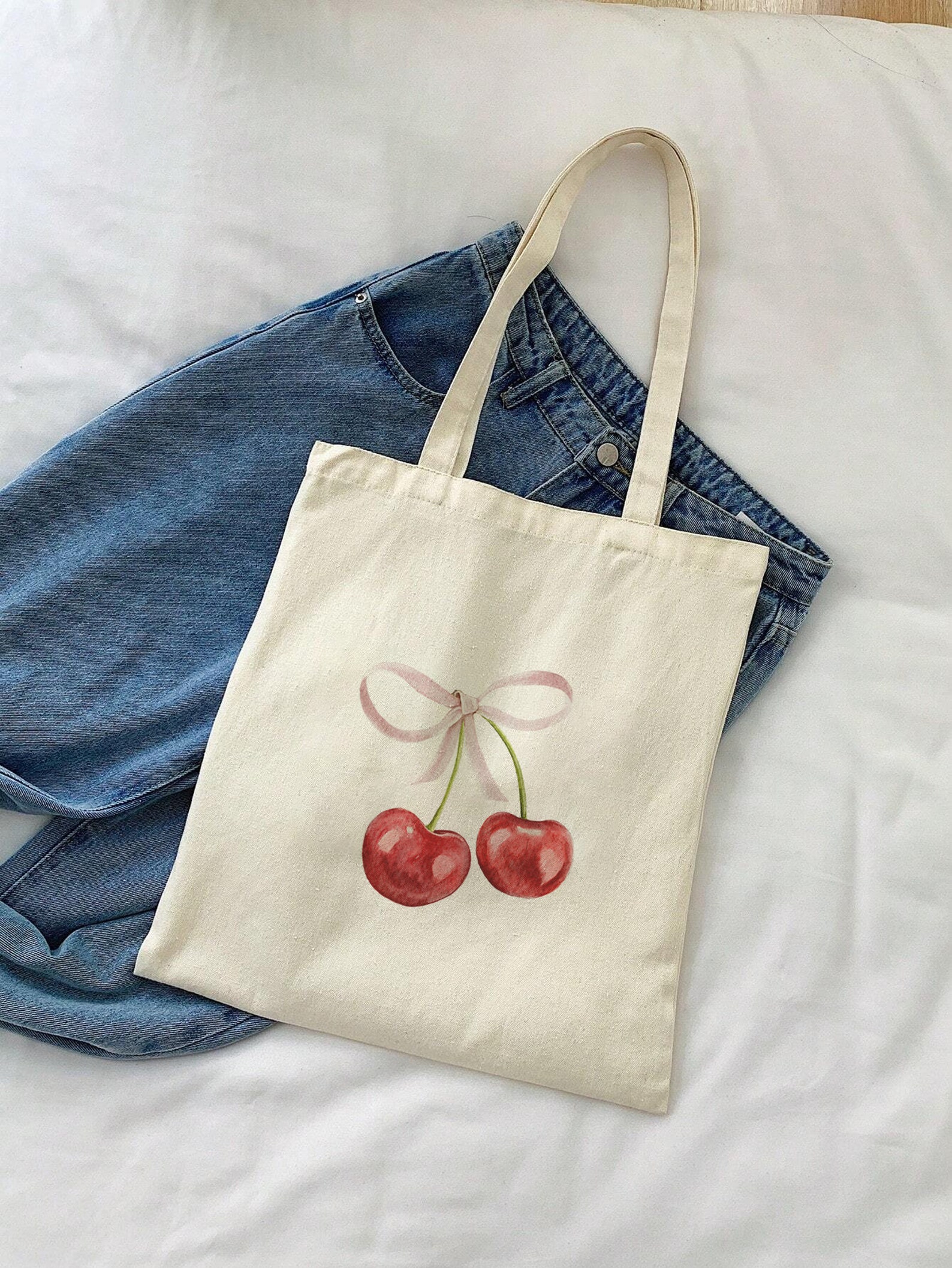 Tote Bag Cherries Coquette Pink Bow Cherry Reusable Bag Aesthetic ...