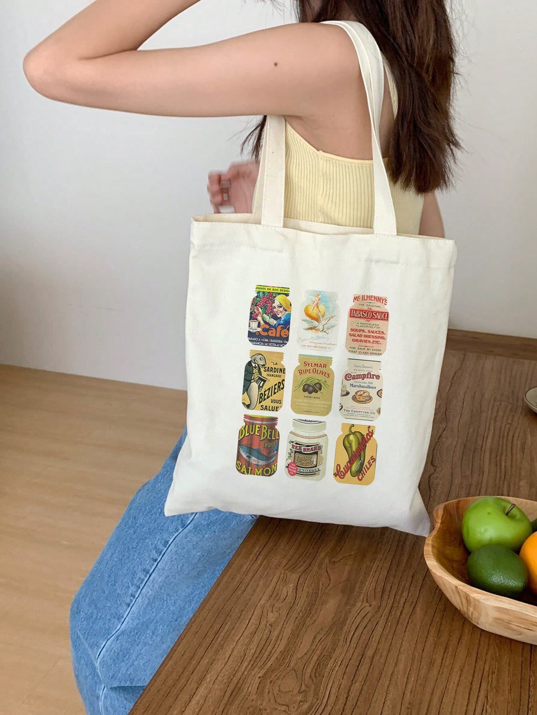 Vintage Jar Food Tote Bag Farmers Market Tote Cottage Core Cotton ...