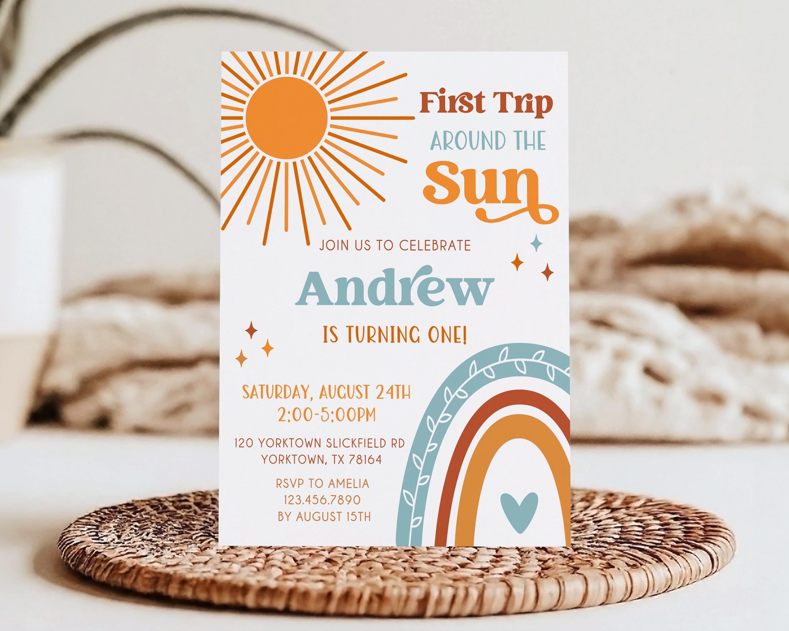 First Trip Around the Sun Birthday Invitation: Rainbow Canva Template ...