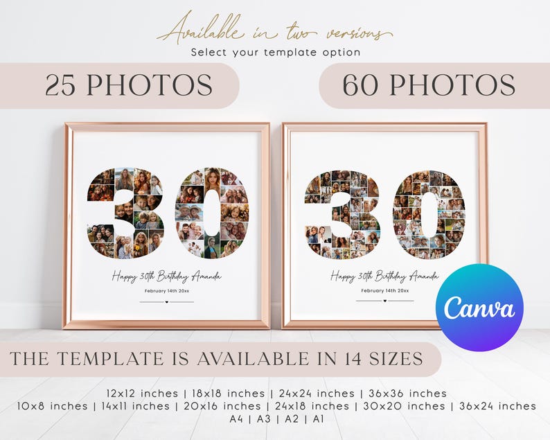 30th Birthday Photo Collage, 30th Birthday Gift for Her Him Number 30 ...