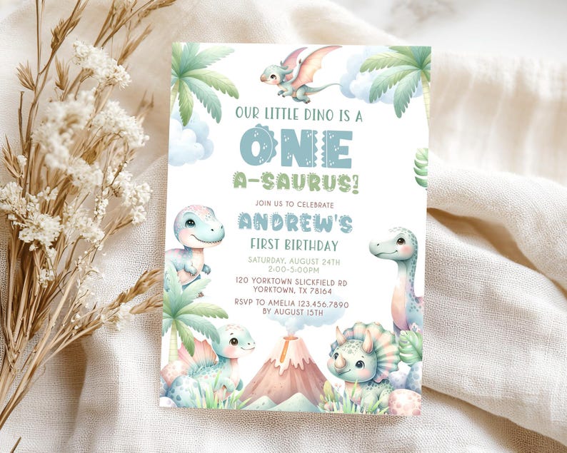 Dinosaur 1st Birthday Invitation: T-rex Canva Template (digital) - Etsy ...