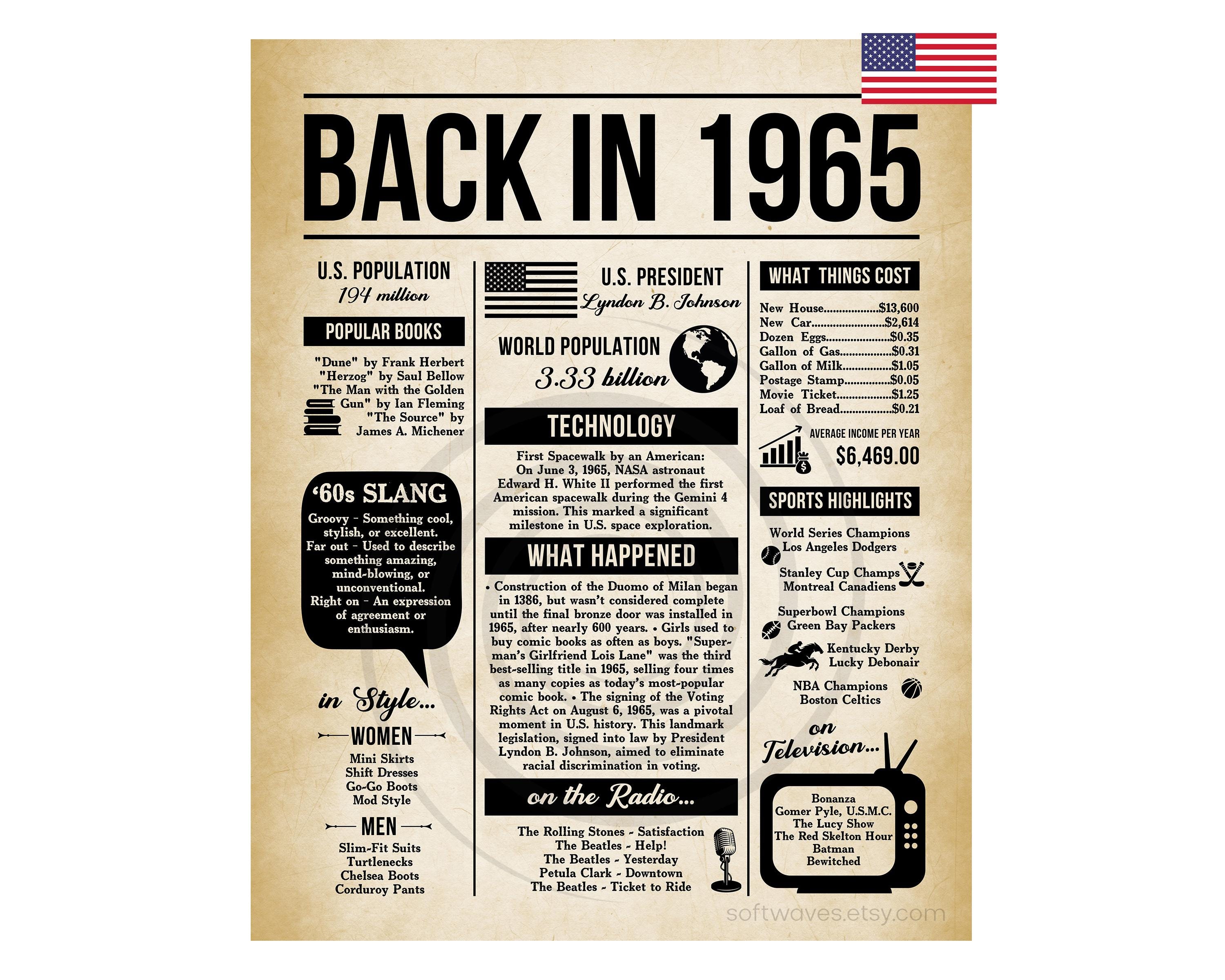 Back in 1965 Poster, 1965 Fun Facts Sign, 60 Years Ago, 60th ...