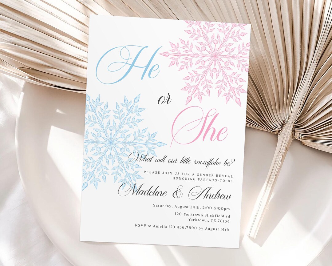 Winter Snowflake Gender Reveal Invitation: Pink or Blue (printable ...