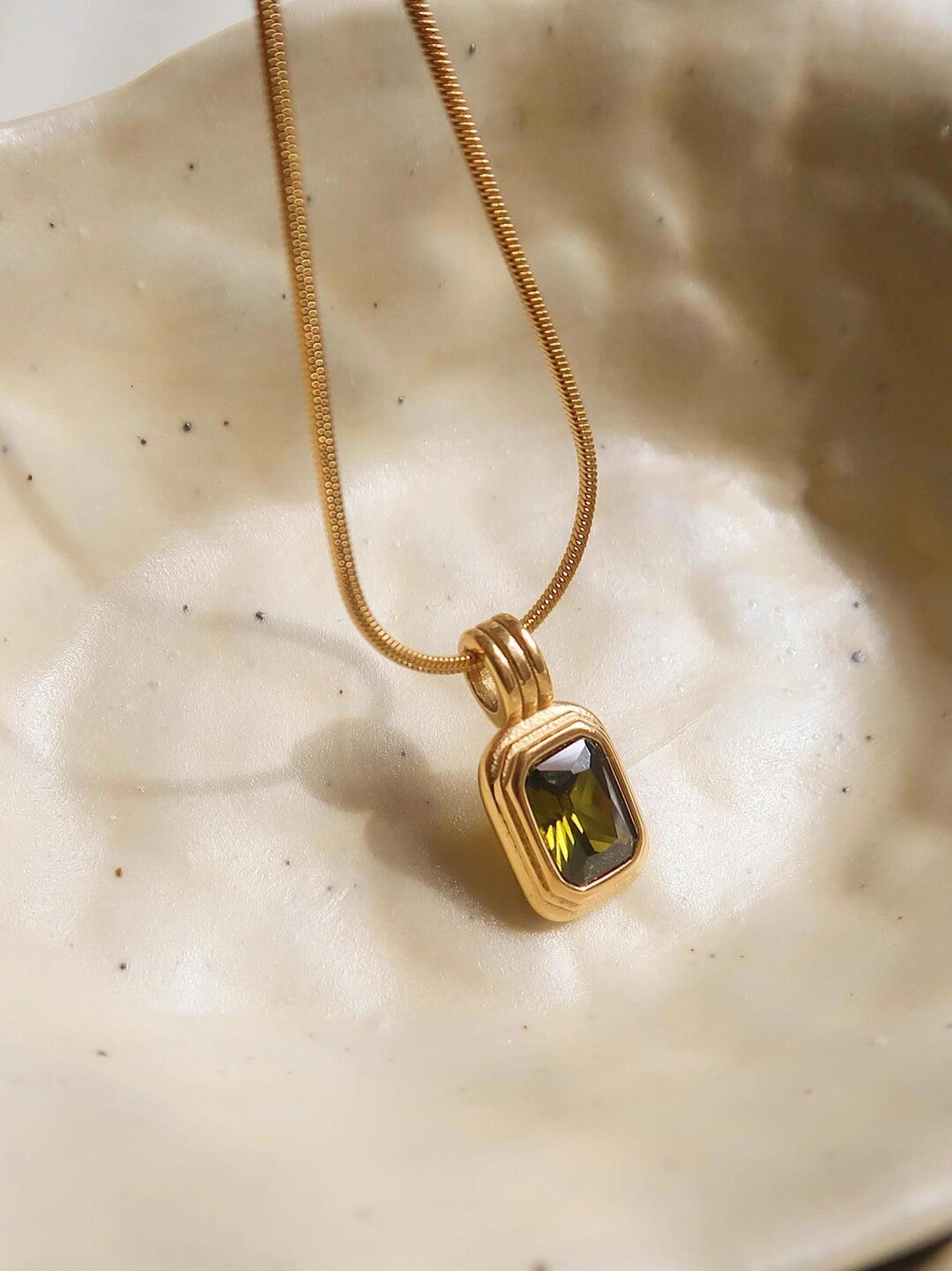 Green Square Stone Pendant With 18K Gold Chain - Etsy