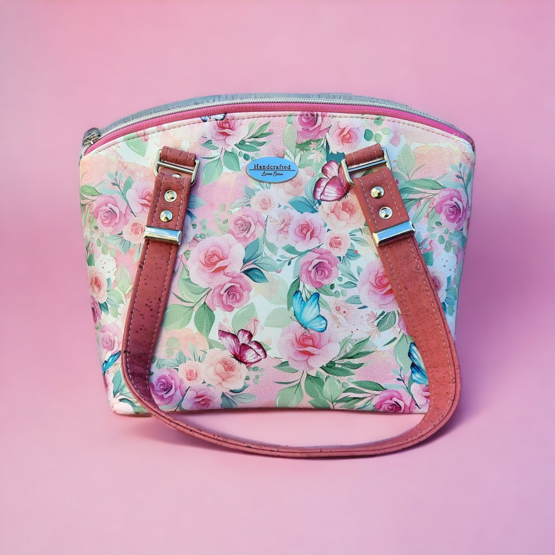 Pink Floral Handbag, Faux Leather Purse, Butterfly Handbag, Spring ...