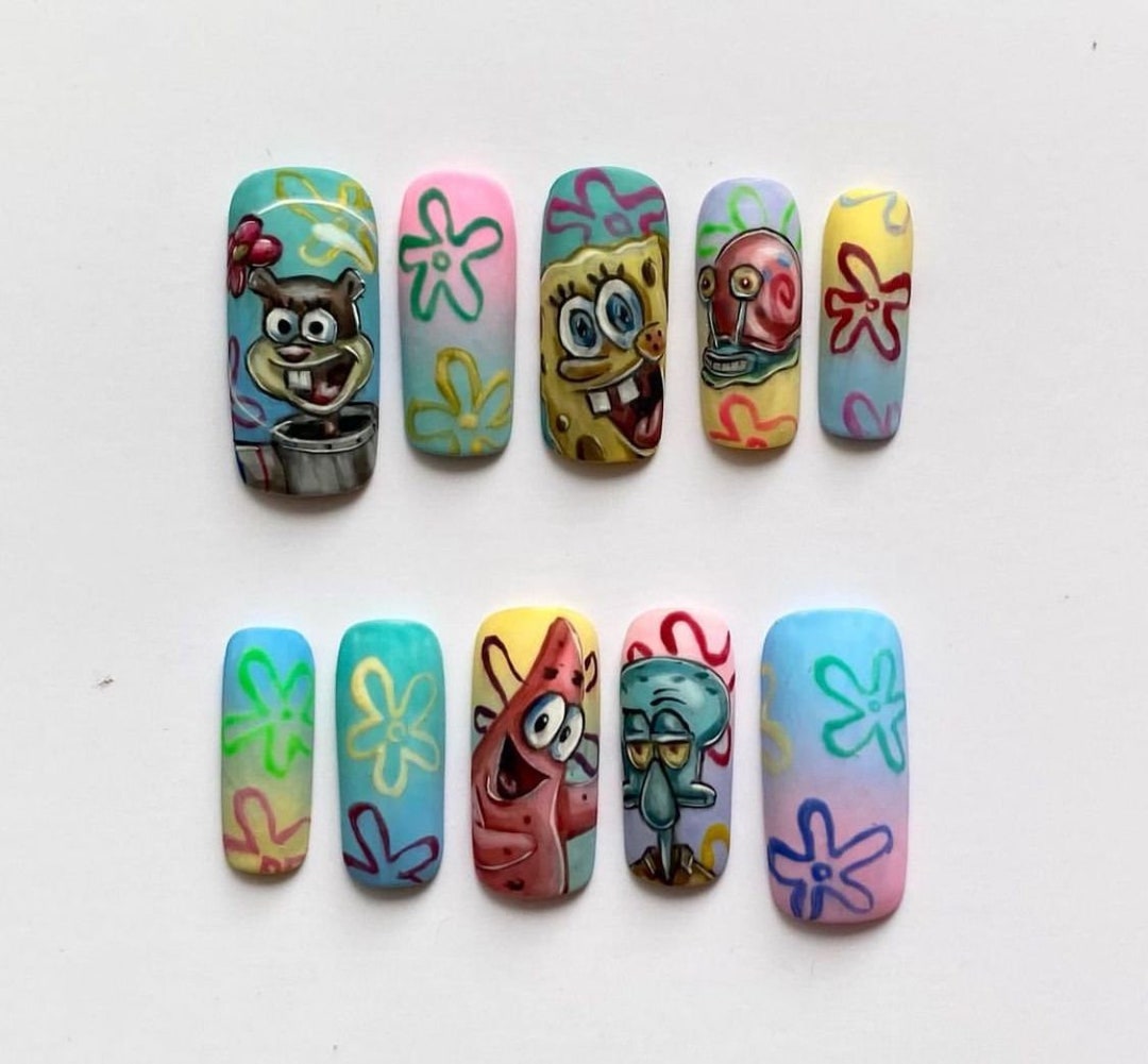 Hand Painted Sponge Bob Press on Nails / False Nails / Cartoon Nails - Etsy