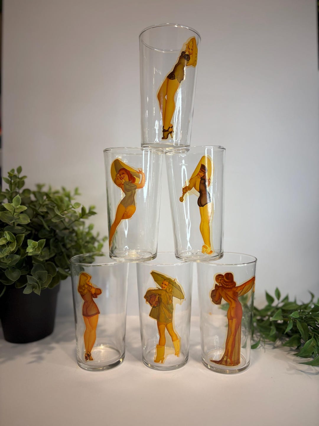 MCM 1950’s Vintage George Petty Peek-a-boo Risqué Drinking Glasses, Set ...