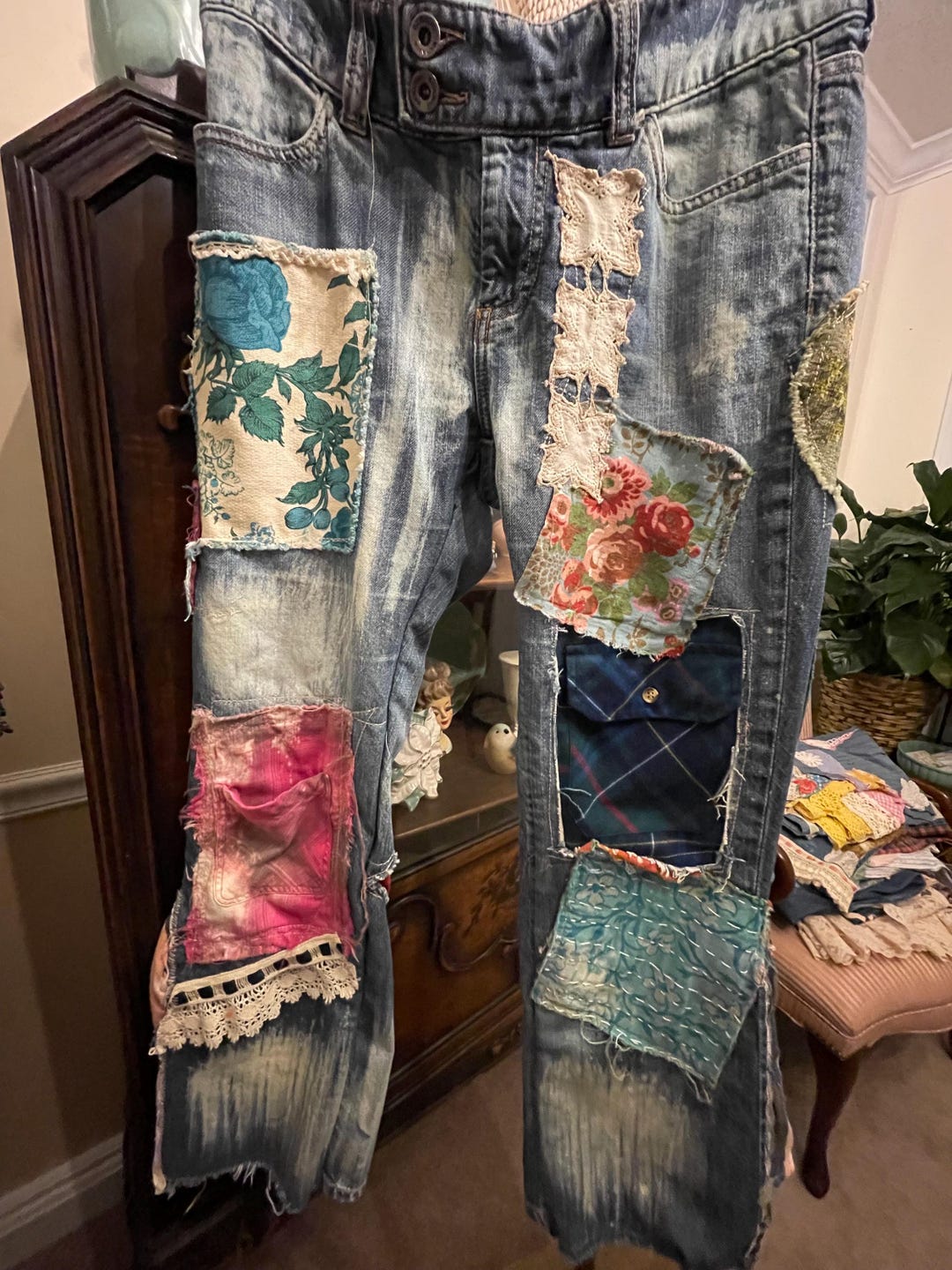 Upcycled Distressed Denim Jeans Flannel Patchwork Size 8 Small Medium Cottagecore Ooak Patches ...