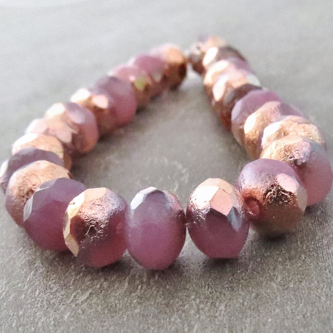Dusty Rose Opal Etched Copper 8x6mm Czech Glass Bead Faceted Rondelle ...