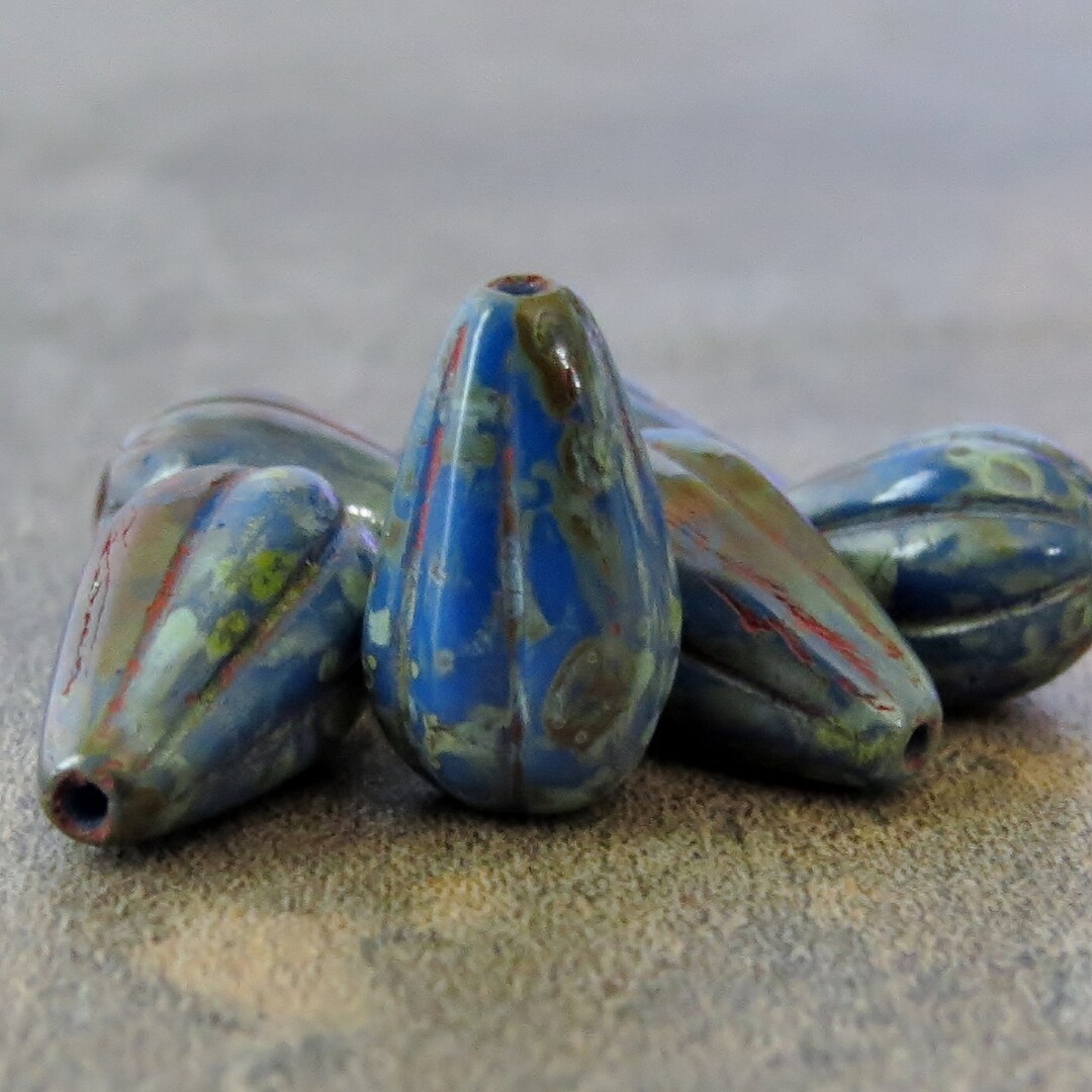 Opaque Lapis Blue Picasso Melon Drop Czech Glass 13mm Teardrop Bead ...