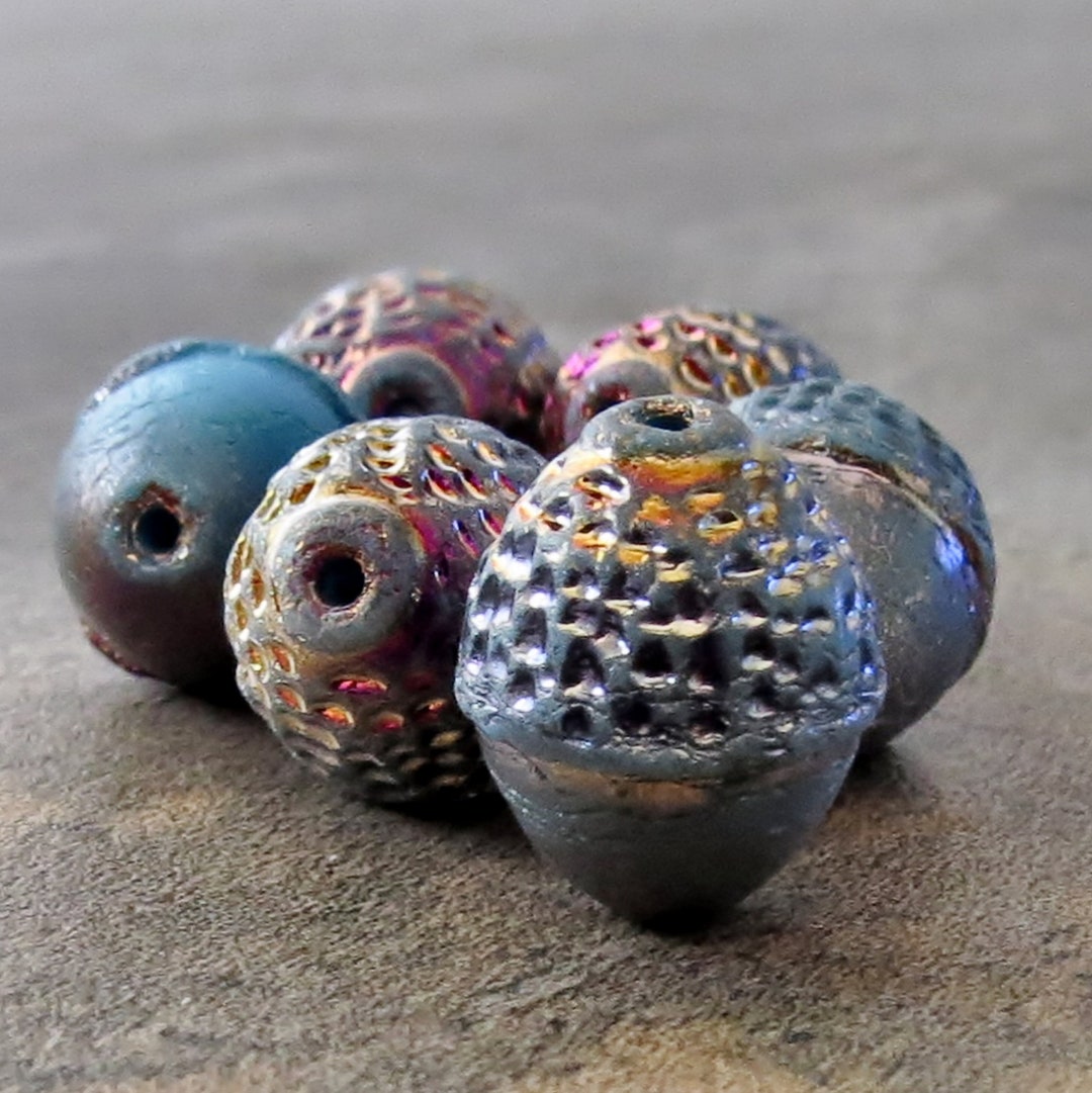 Matte Sky Blue Acorn Bead Czech Glass Metallic Gold Wash AB 12x10mm : 6 ...