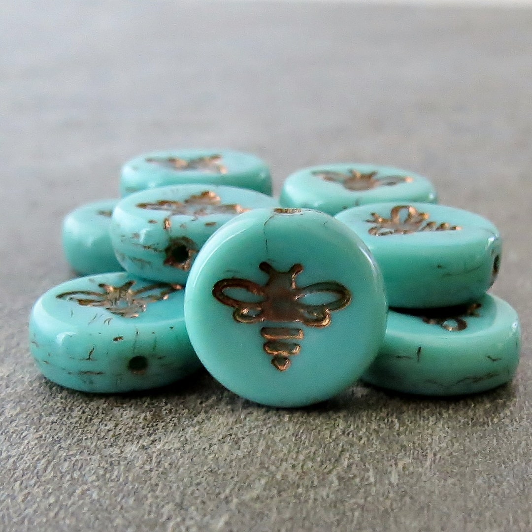 Bronze Wash Turquoise Bee Coin Czech Glass 12mm Bead : 10 Pc Green ...