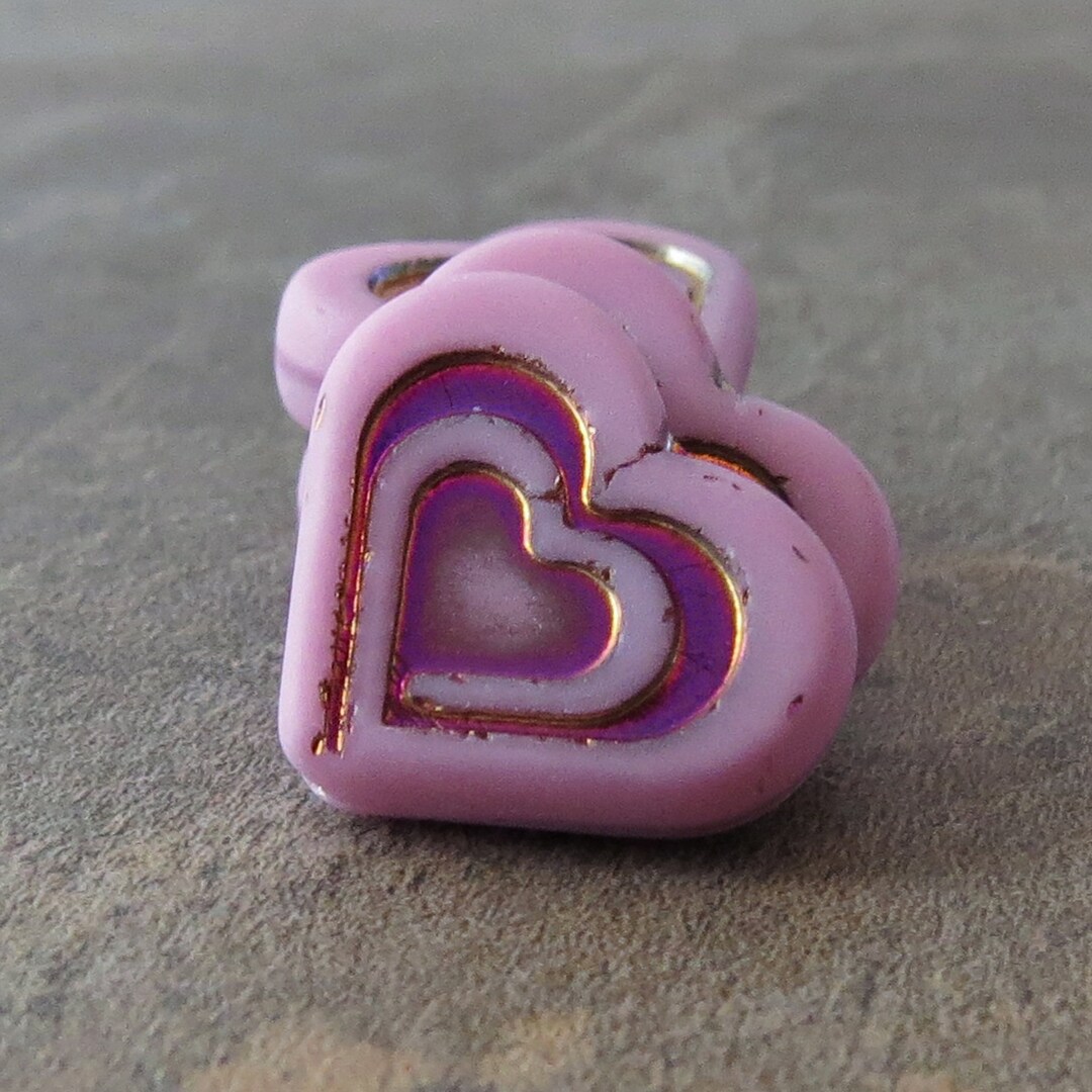 NEW Czech Glass Heart Bead Pink Metallic Rainbow 16mm : 4 Pc Pink Heart ...