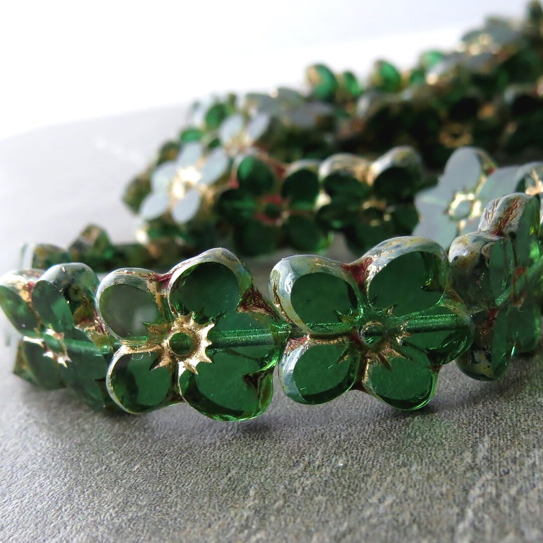 Emerald Gold Picasso Czech Glass Bead 14mm Flower Blossom : 6 Pc Green ...