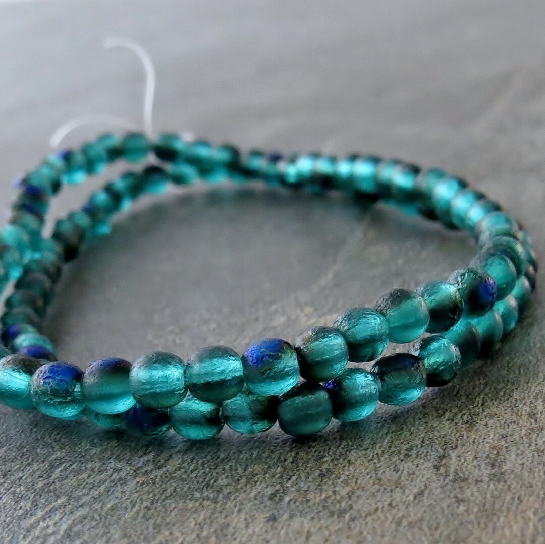 NEW Emerald Green Etched Metallic Blue 3mm Druk Czech Glass Round Bead ...