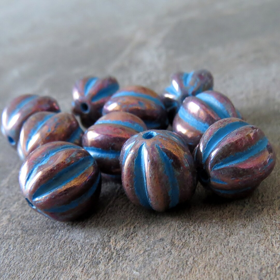 10mm Metallic Bronze Turquoise Wash Czech Glass Bead Large Melon Round ...