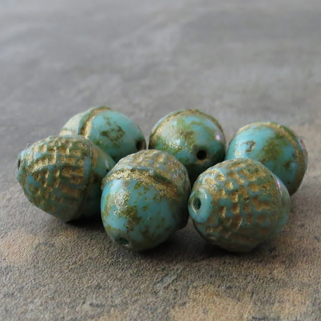 Tea Green Picasso Gold Wash Acorn Bead Czech Glass 12x10mm : 6 Pc Green ...